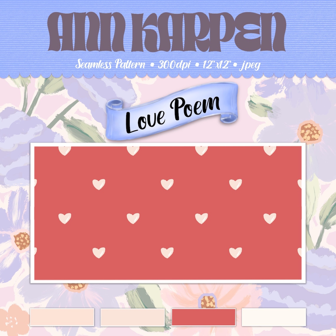 LOVE POEM - Seamless Digital Paper Pattern, Pink Red Hearts Romantic ...