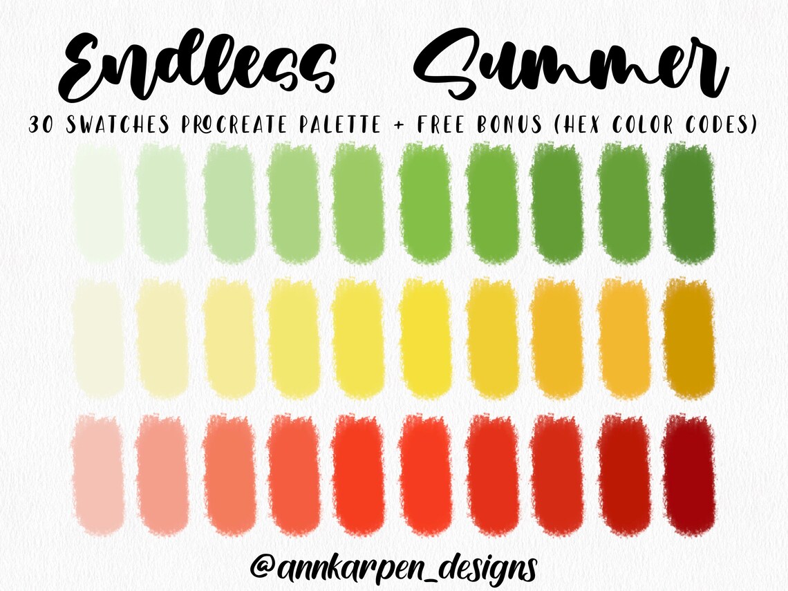 Endless Summer Procreate Palette, 30 HEX Color Codes, Instant Digital ...