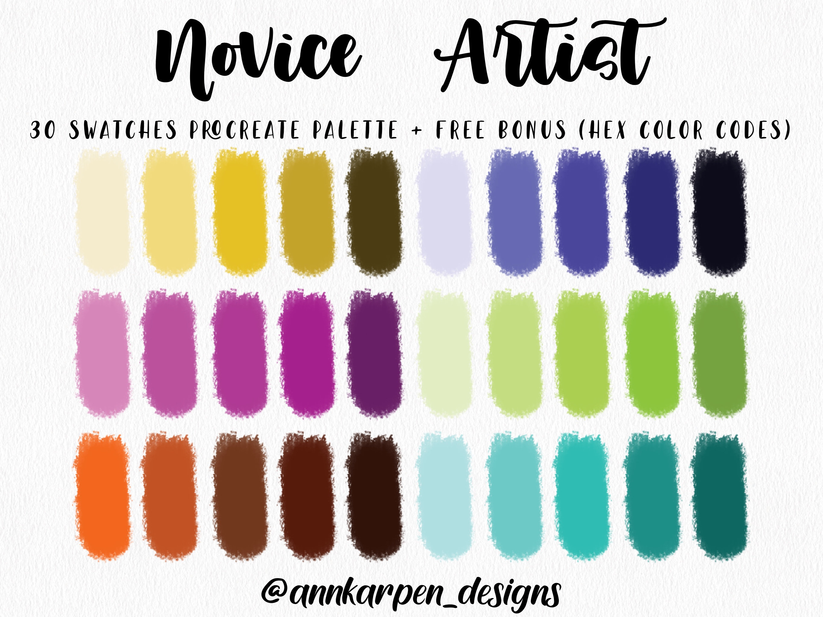 Novice Artist Procreate Palette, 30 HEX Color Codes, Instant Digital ...