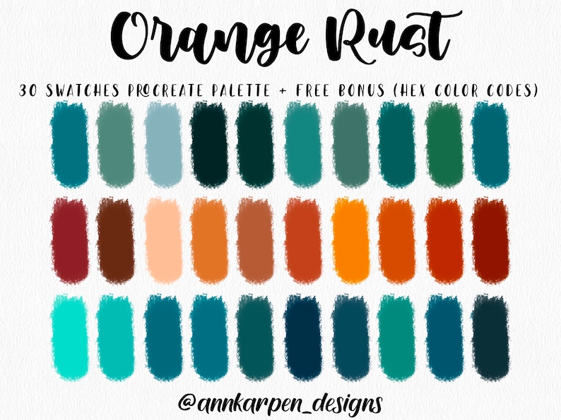Orange Rust Procreate Palette, 30 HEX Color Codes, Instant Digital ...