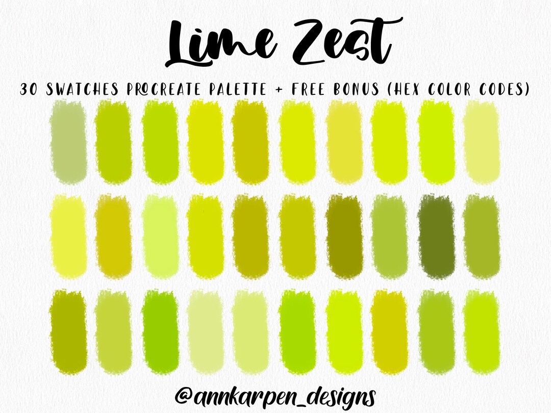 Lime Zest Procreate Palette, 30 HEX Color Codes, Instant Digital ...