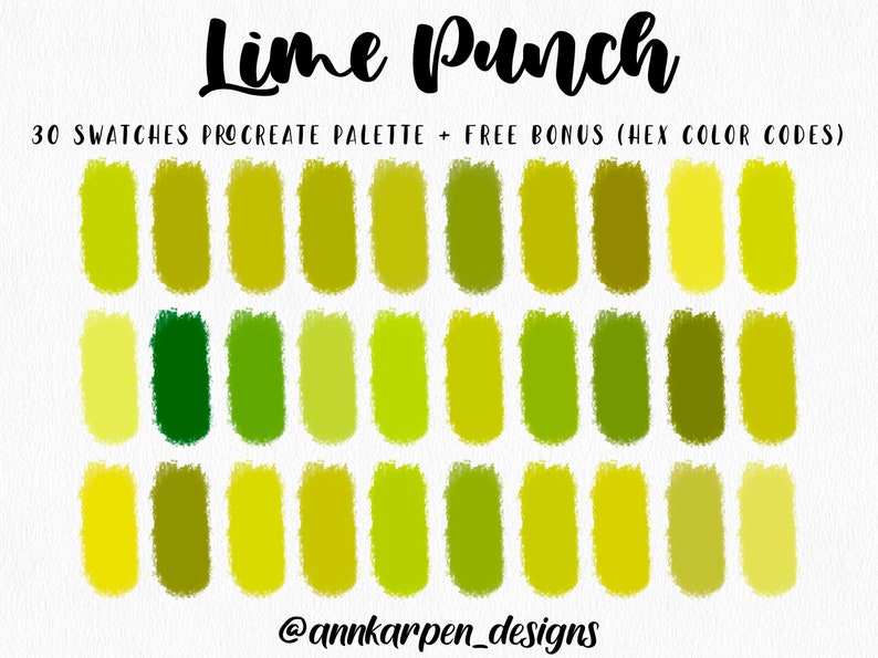 Lime Punch Procreate Palette, 30 HEX Color Codes, Instant Digital ...