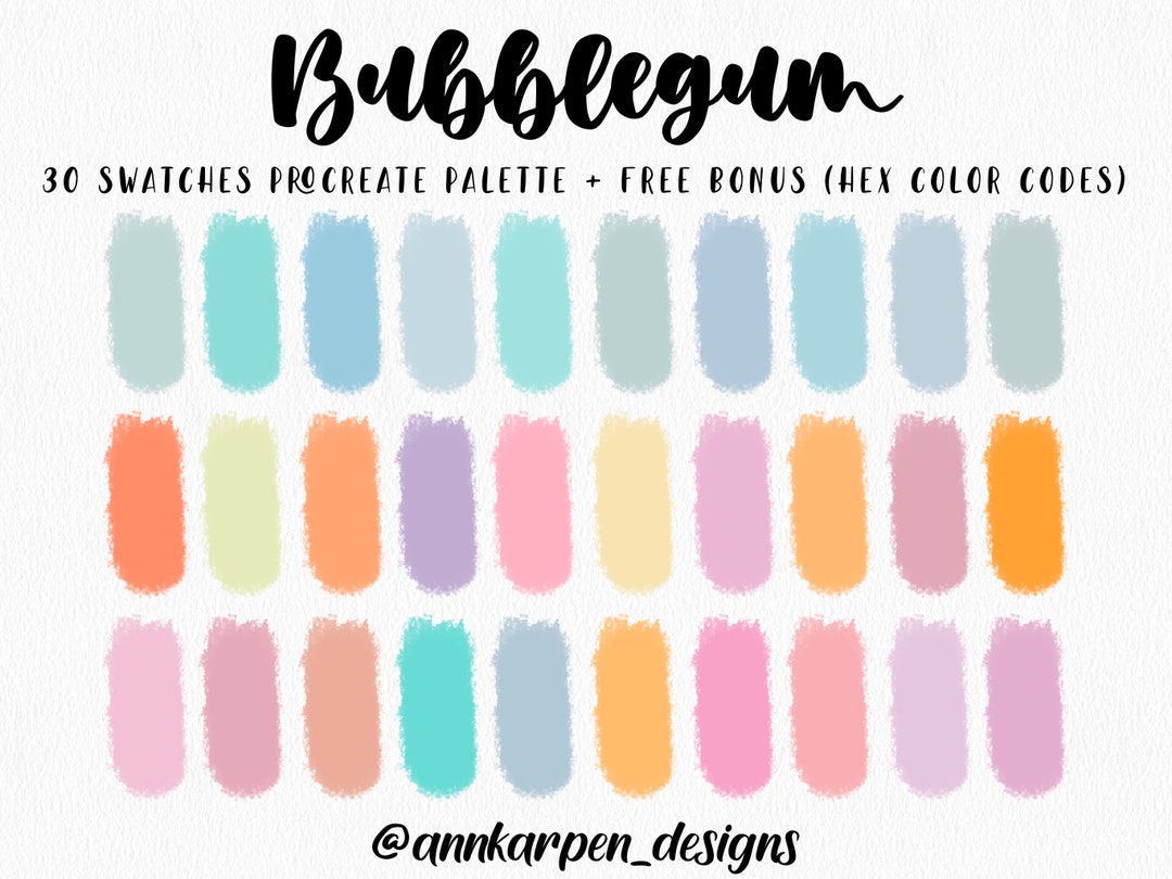 Bubblegum Procreate Palette, 30 HEX Codes, Good Notes, Digital Planner ...