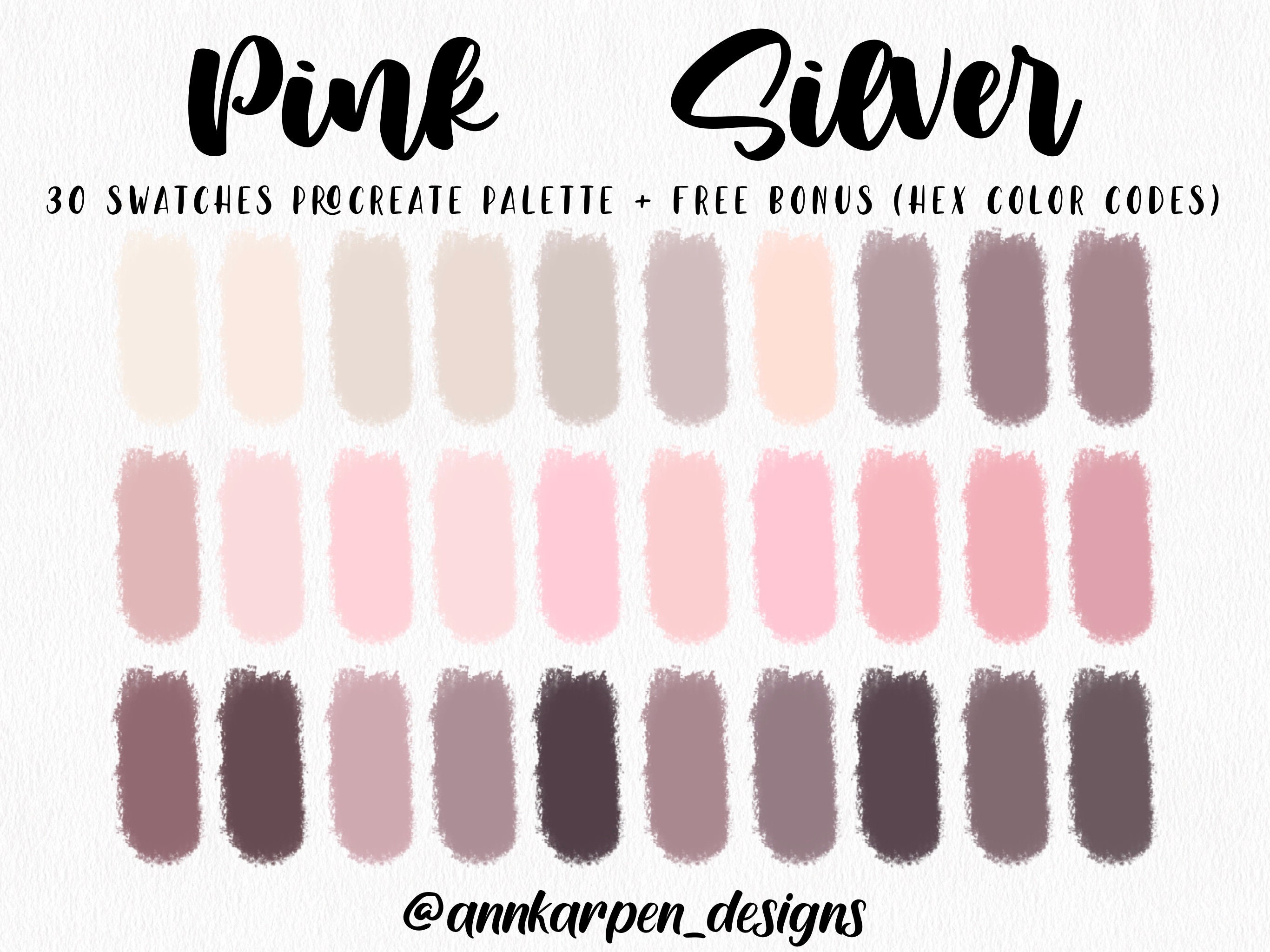 Pink Silver Procreate Palette, 30 HEX Color Codes, Instant Digital ...