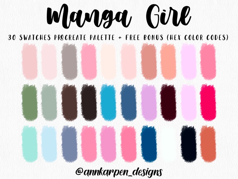 Manga Girl Procreate Palette, 30 HEX Color Codes, Instant Digital ...