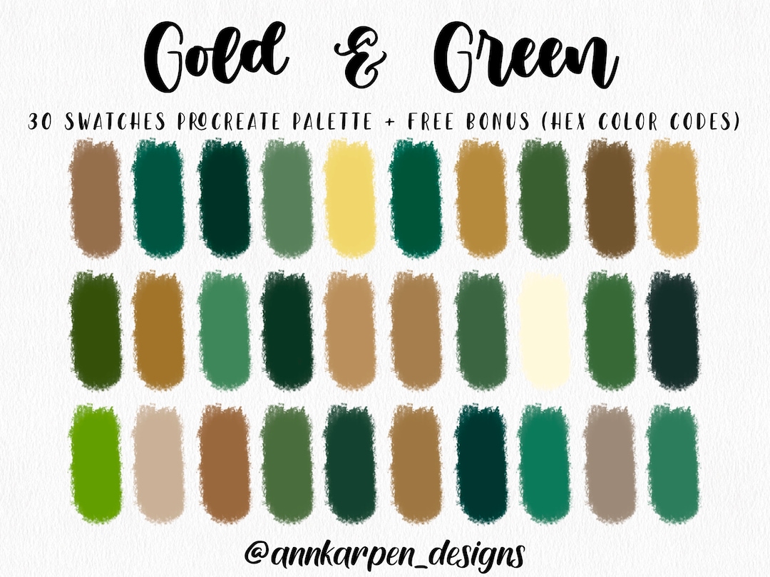 Gold + Green Procreate Palette, 30 HEX Color Codes, Instant Digital ...