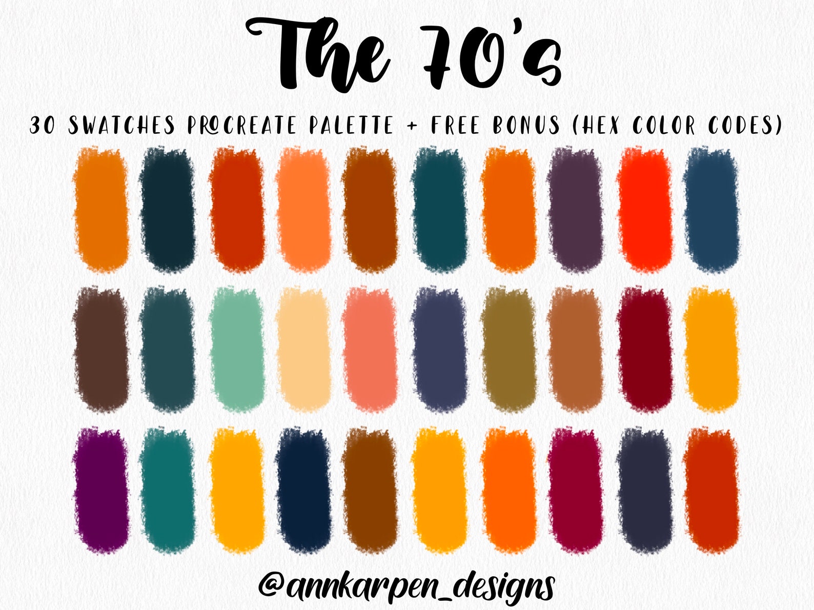 The 70's Retro Procreate Palette, 30 HEX Color Codes, Instant Digital ...