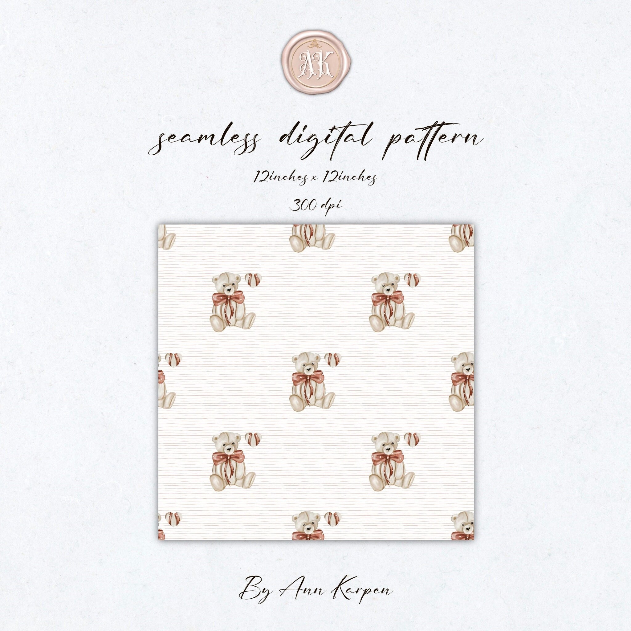 Teddy Bear Seamless Pattern, Watercolor Digital Paper, Vintage ...
