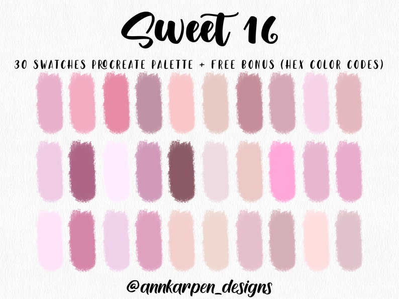 Sweet 16 Procreate Palette 30 Hex Color Codes Instant Digital