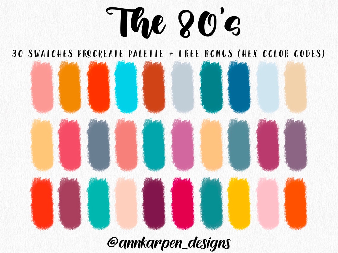 The 80's Procreate Palette, 30 HEX Color Codes, Instant Download iPad ...