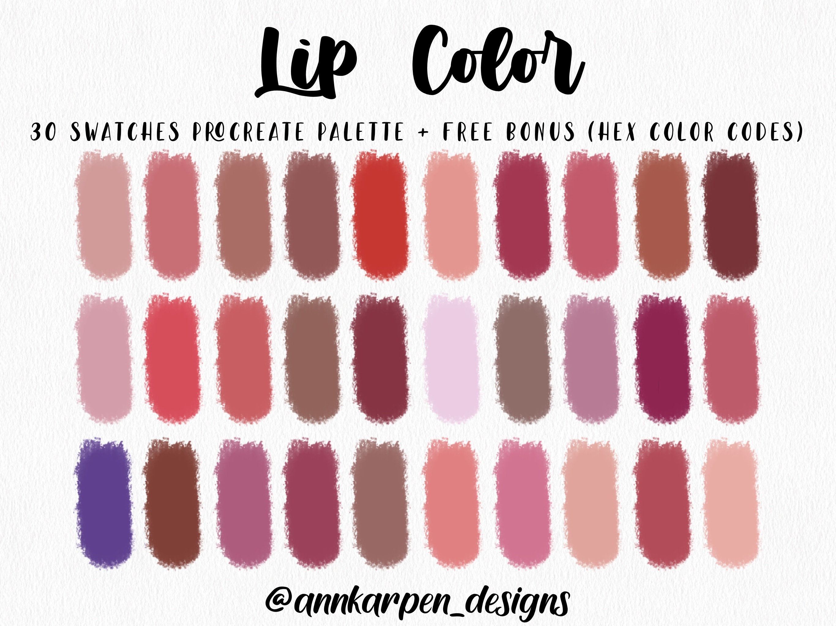 Lip Color Procreate Palette, 30 HEX Color Codes, Instant Digital ...
