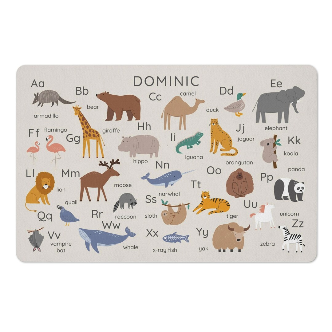 Personalized Placemat for Kids, Animals Alphabet Custom Name ABC Place ...
