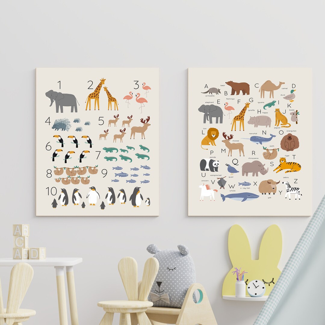 Alphabet and Numbers Canvas Wall Art, Animal Alphabet Poster for ...