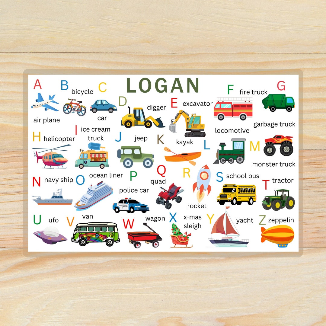 Cars and Trucks Vehicle Alphabet Personalized Placemat for Kids, Large ...