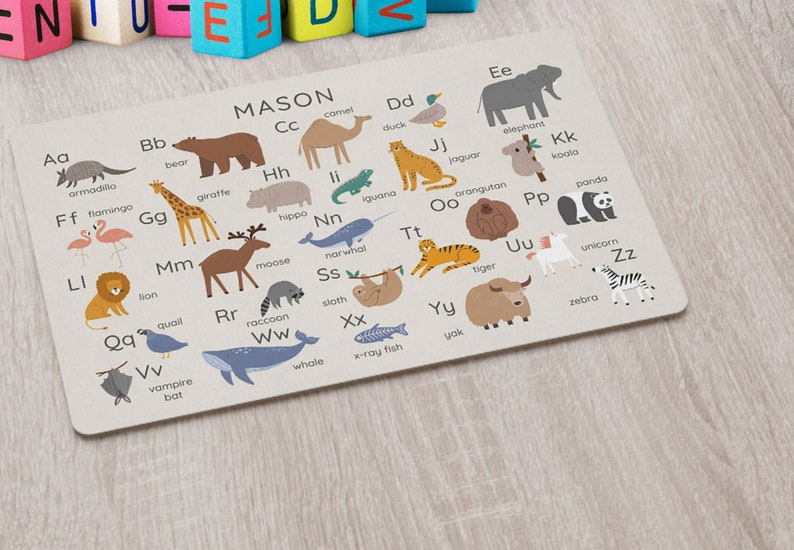 Personalized Placemat for Kids, Animals Alphabet Custom Name ABC Place ...