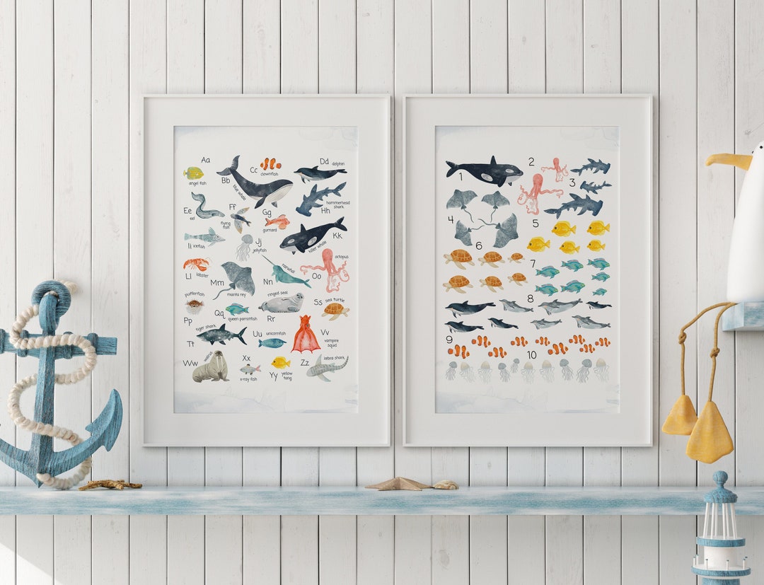 SET of 2 Ocean ABC Sea Animals, Alphabet Numbers Unframed Educational ...