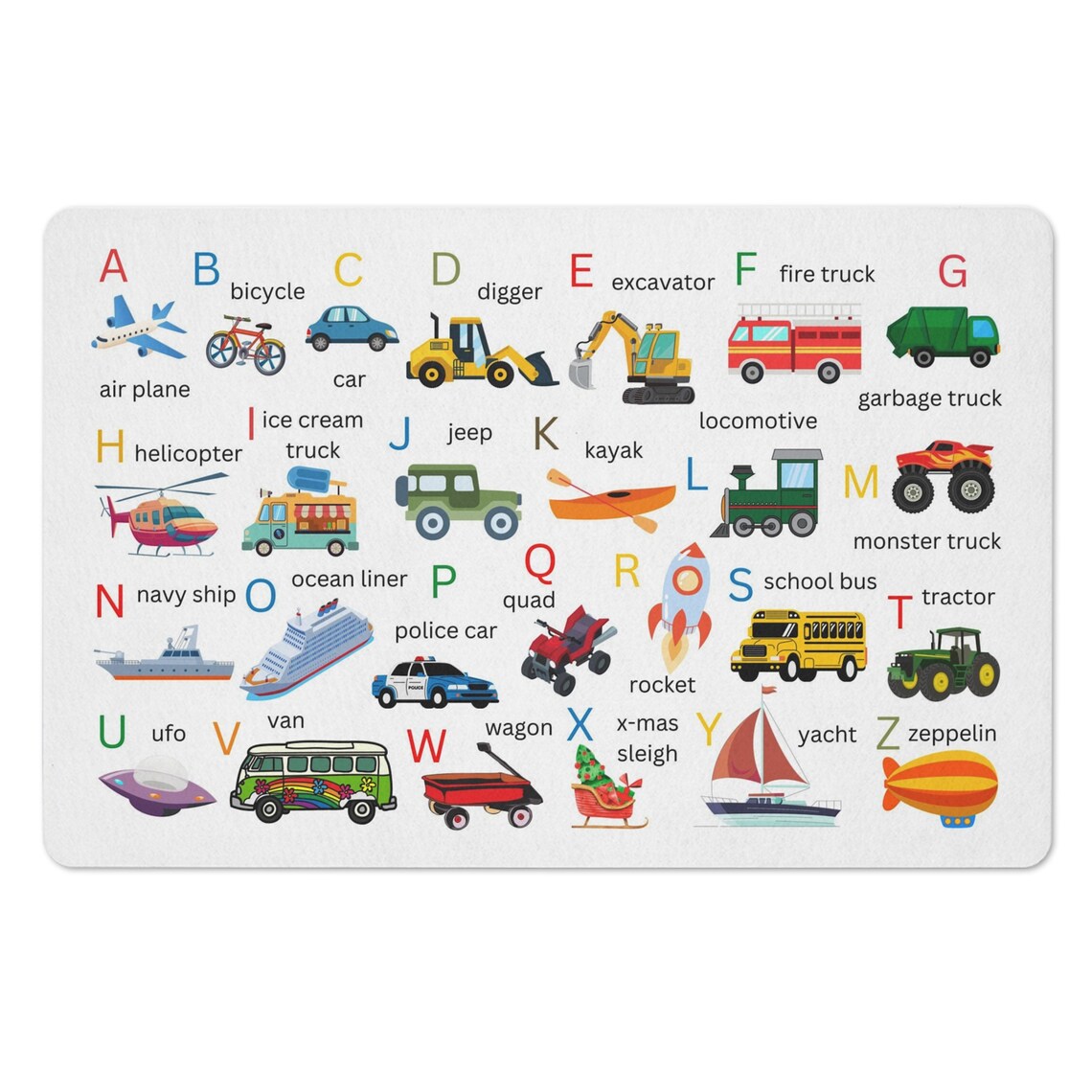 Personalized Placemats for Kids, Vehicles Alphabet Transportation ...