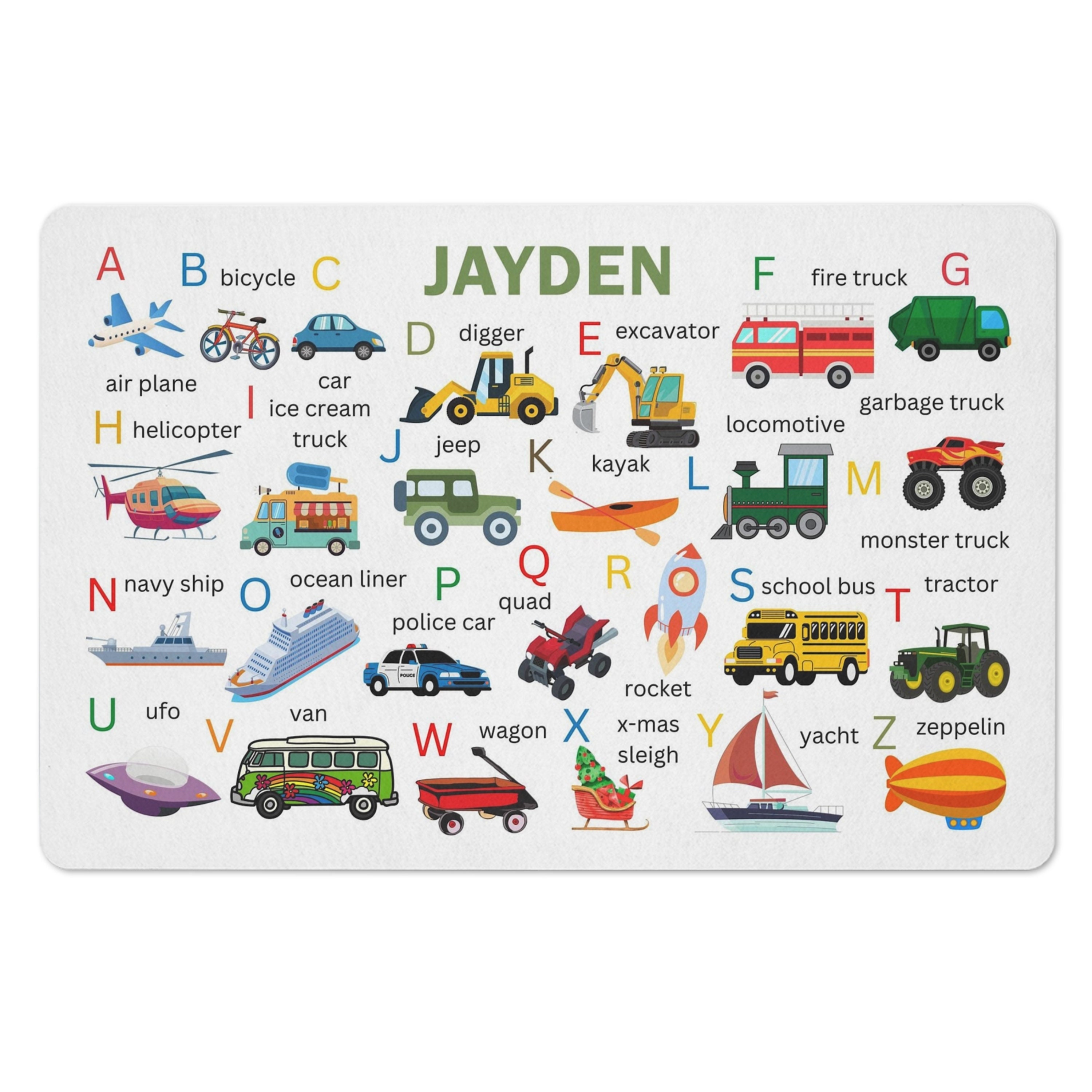 Personalized Placemats for Kids, Vehicles Alphabet Transportation ...