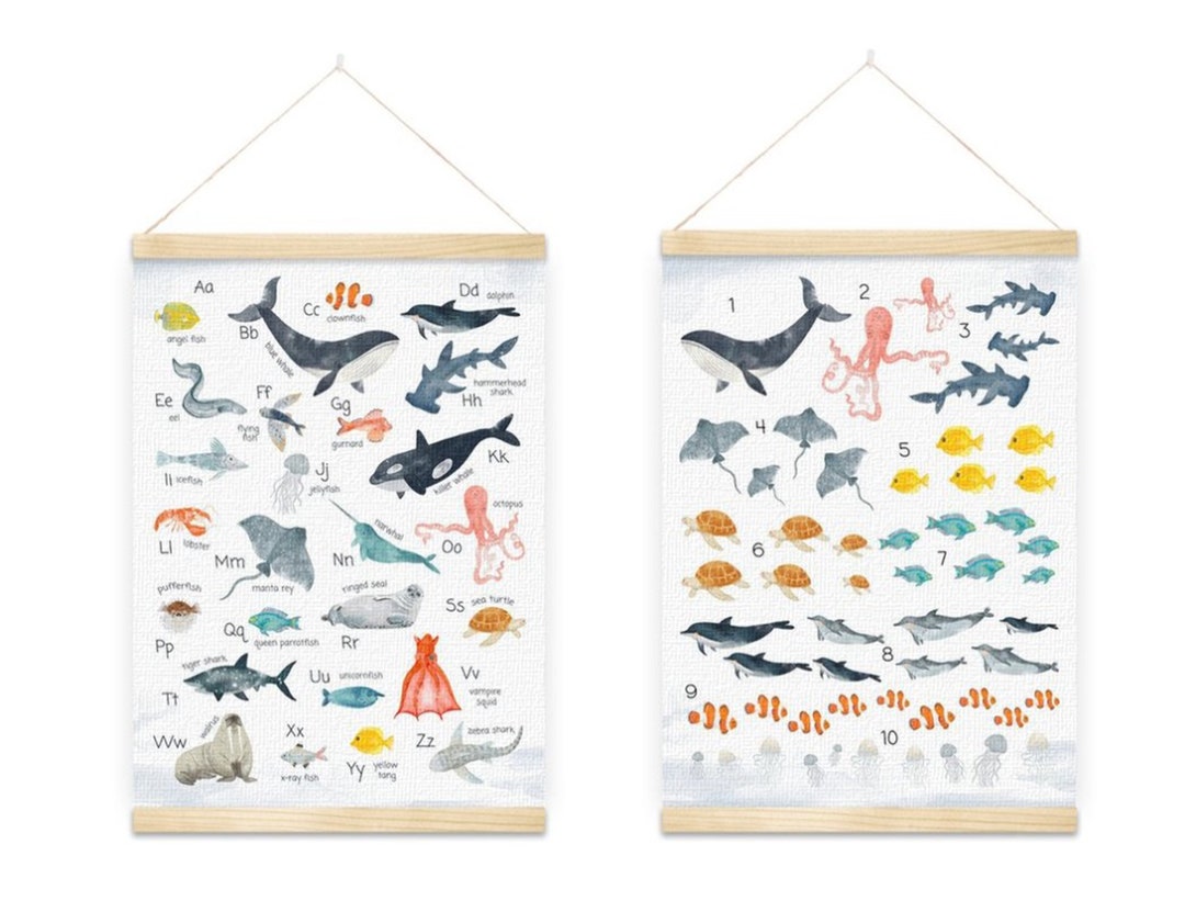 Alphabet and Numbers Canvas Wall Art, Sea Animals Alphabet Poster for ...