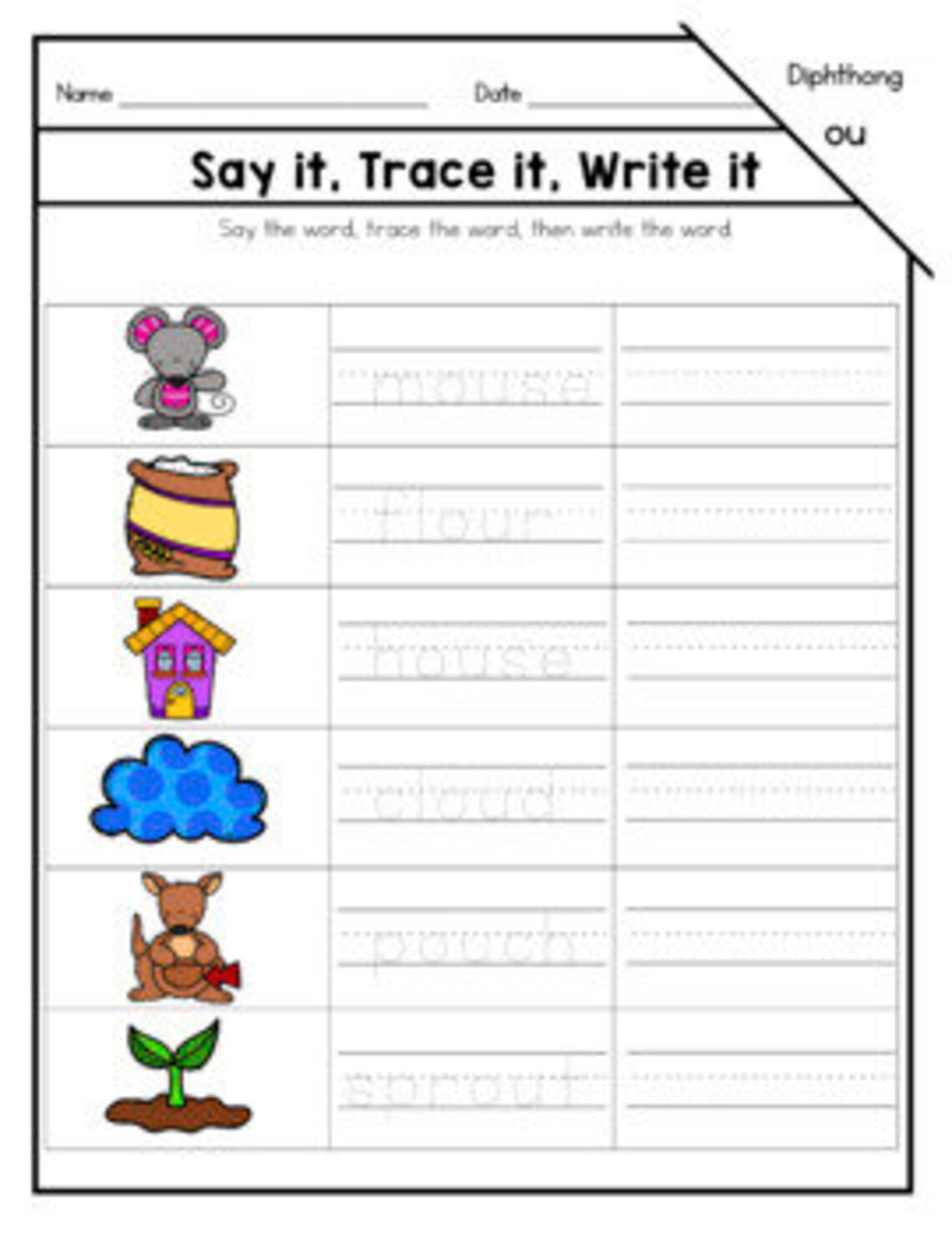 Digraph OU Words Activities & Word Work Worksheets - Etsy