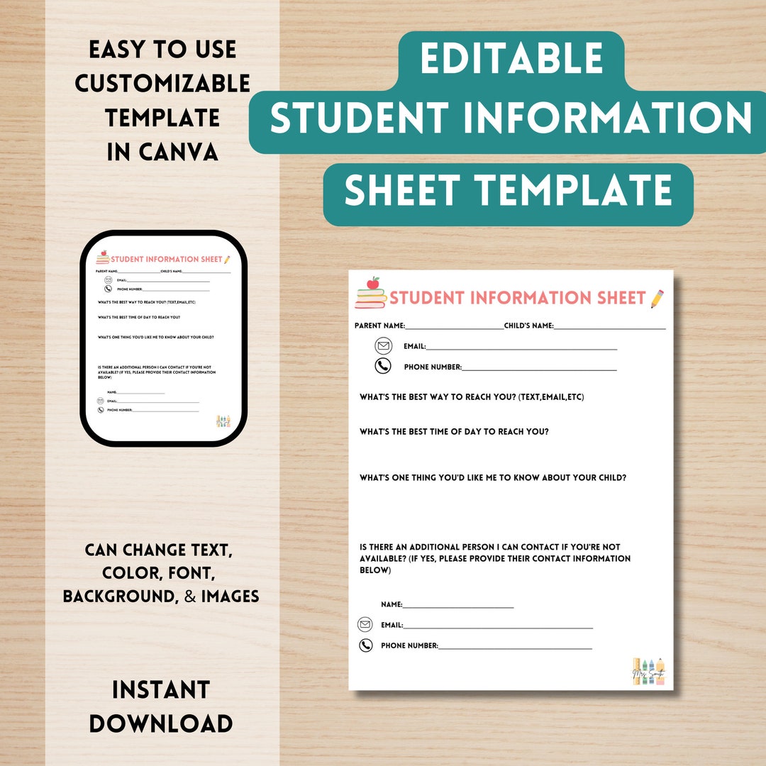 Editable Student Information Sheet Template Back to School Night ...