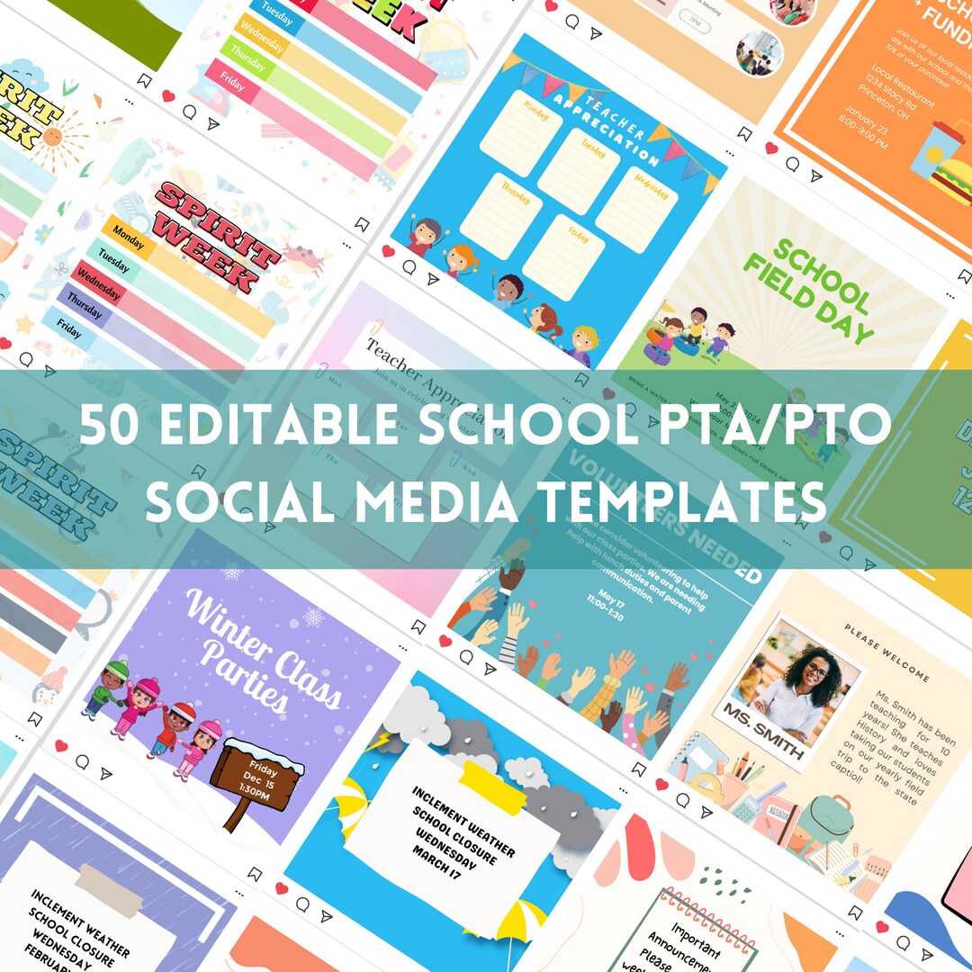 School PTA/PTO Editable Social Media Template Bundle 50 Customizable ...