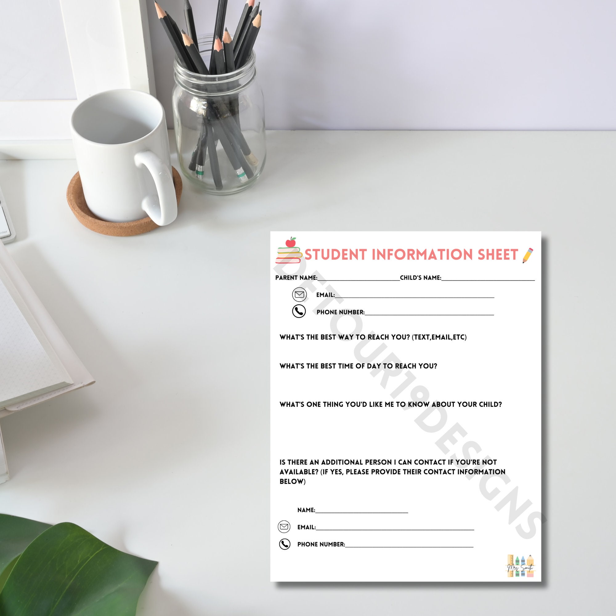 Editable Student Information Sheet Template Back to School Night ...