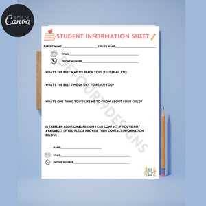 Editable Student Information Sheet Template Back to School Night ...