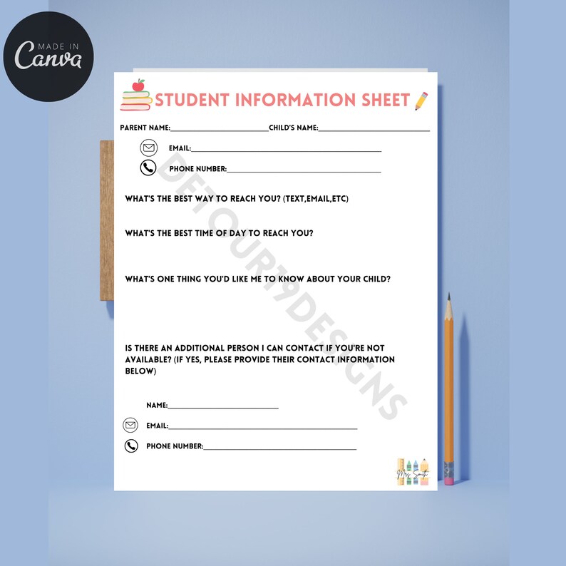 Editable Student Information Sheet Template Back to School Night ...