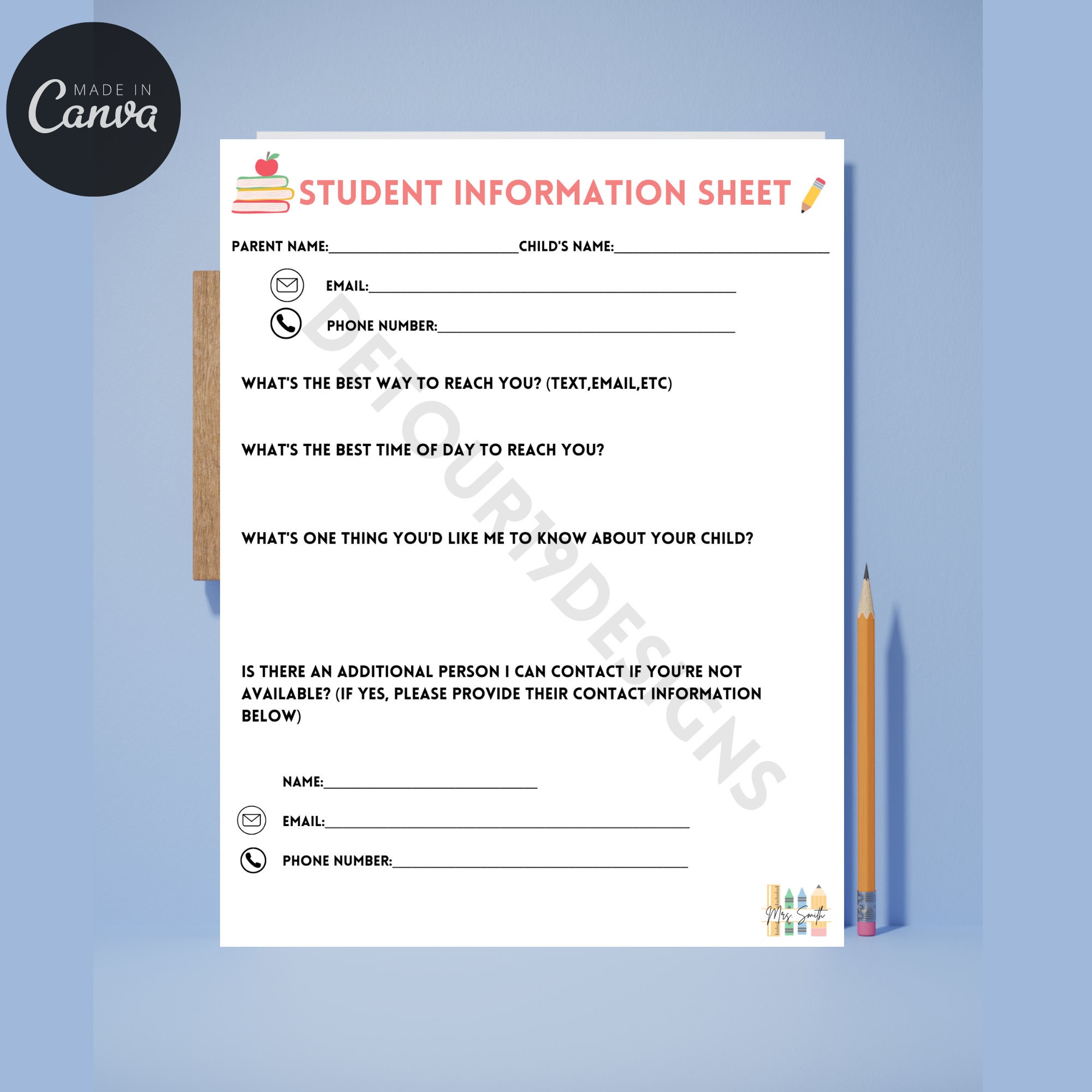 Editable Student Information Sheet Template Back to School - Etsy