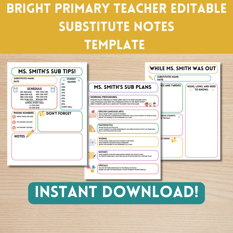 Bright Primary Teacher Editable Substitute Notes Template Sub Notes ...
