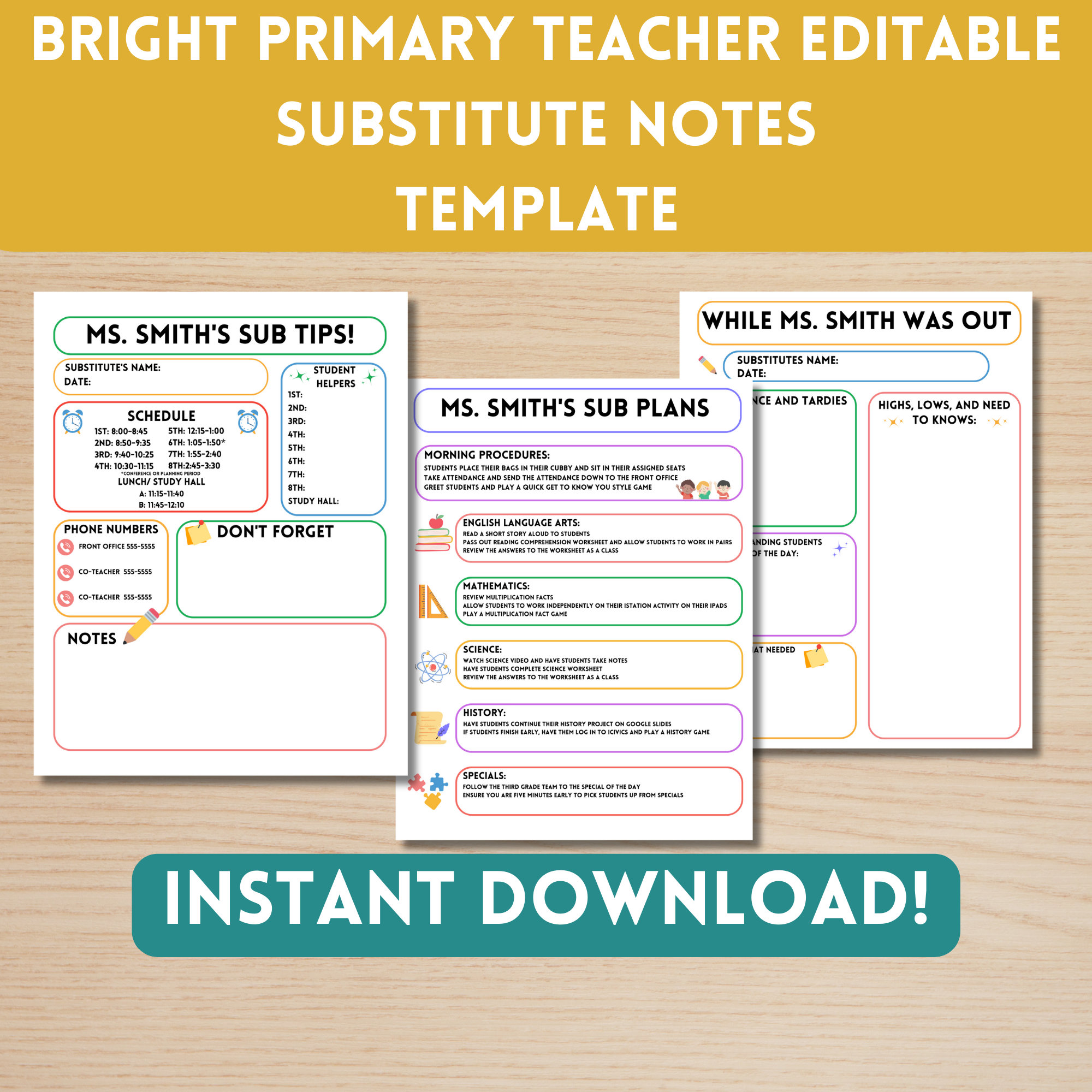 Bright Primary Teacher Editable Substitute Notes Template Sub Notes ...