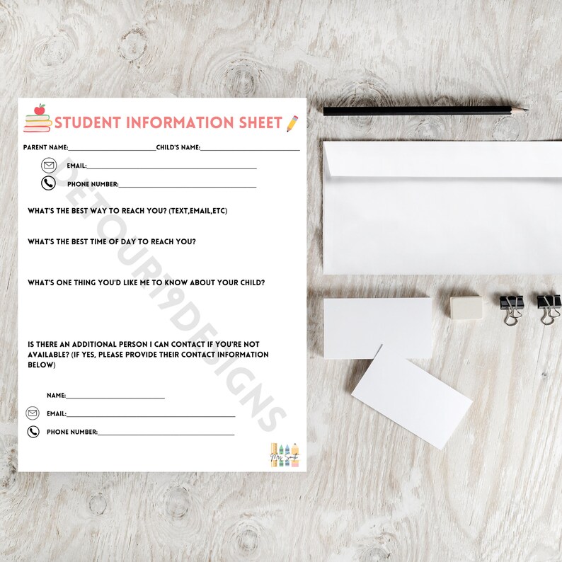 Editable Student Information Sheet Template Back to School Night ...