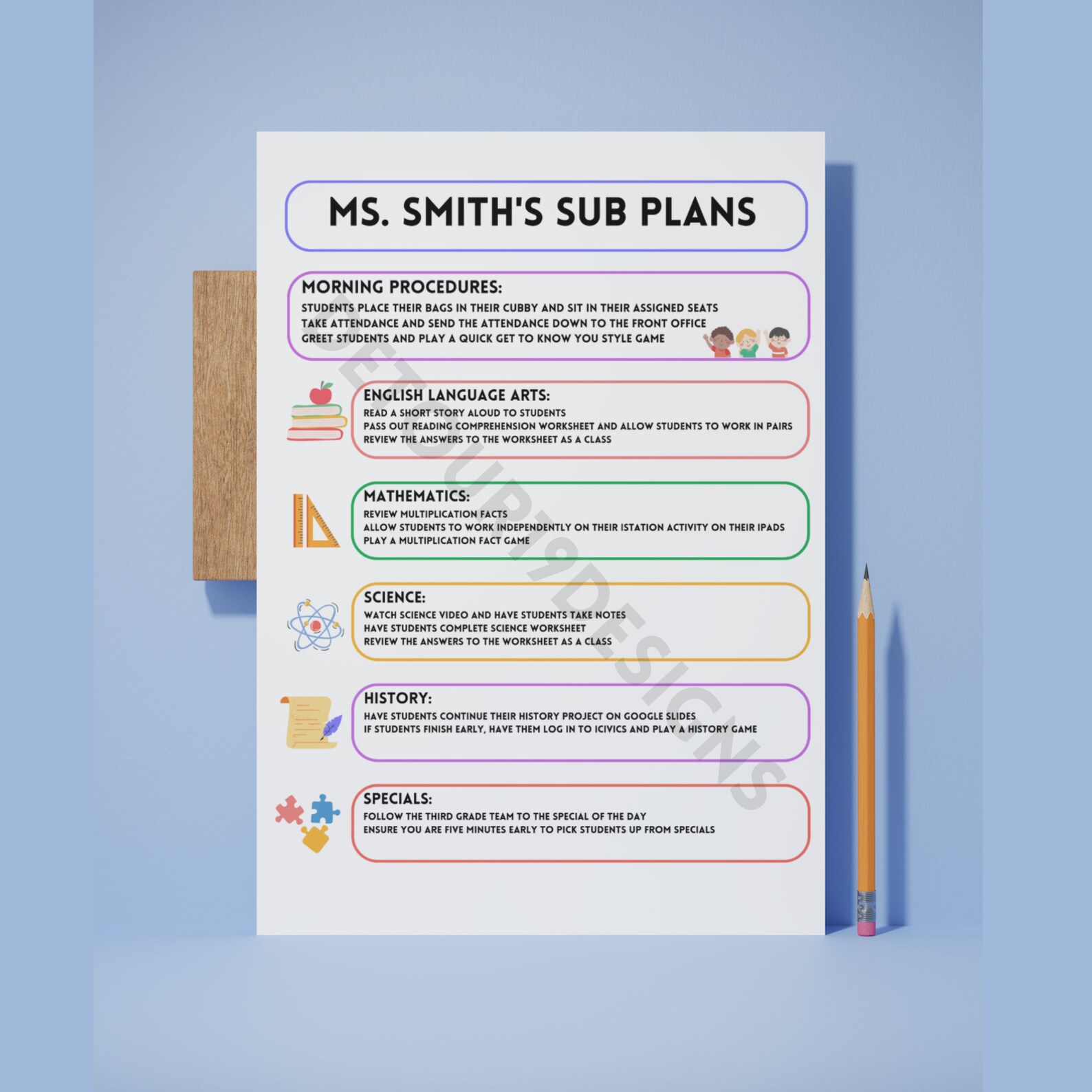 Bright Primary Teacher Editable Substitute Notes Template Sub Notes ...