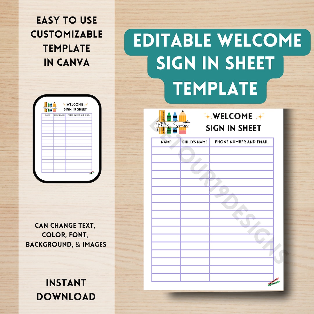 Welcome Sign in Sheet Editable Template Back to School Night Teacher ...