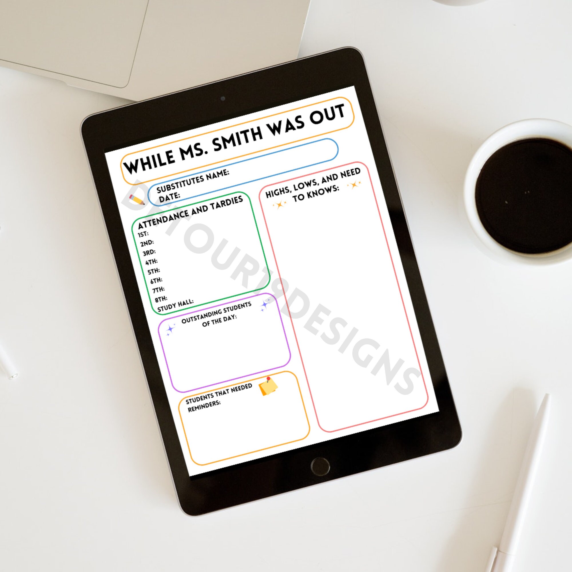 Bright Primary Teacher Editable Substitute Notes Template Sub Notes ...