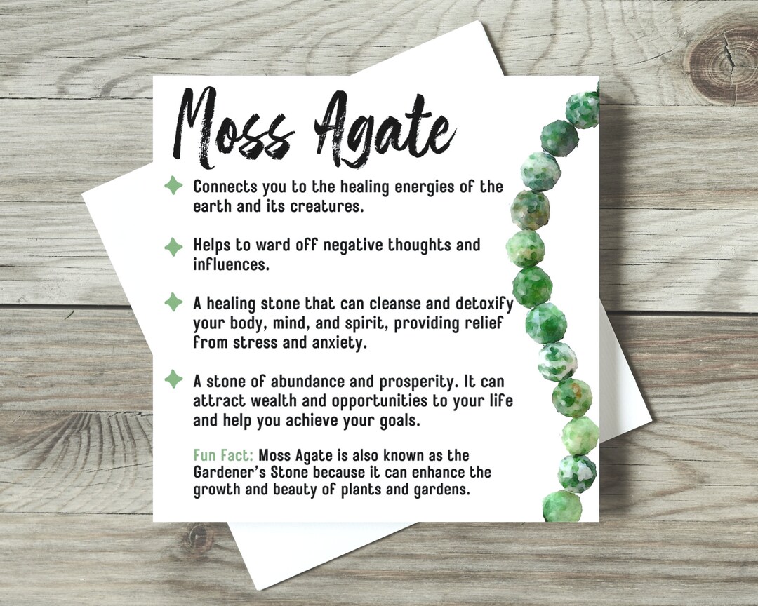 Watercolor Moss Agate Meaning Card for Makers, Gemstone Meaning Card ...
