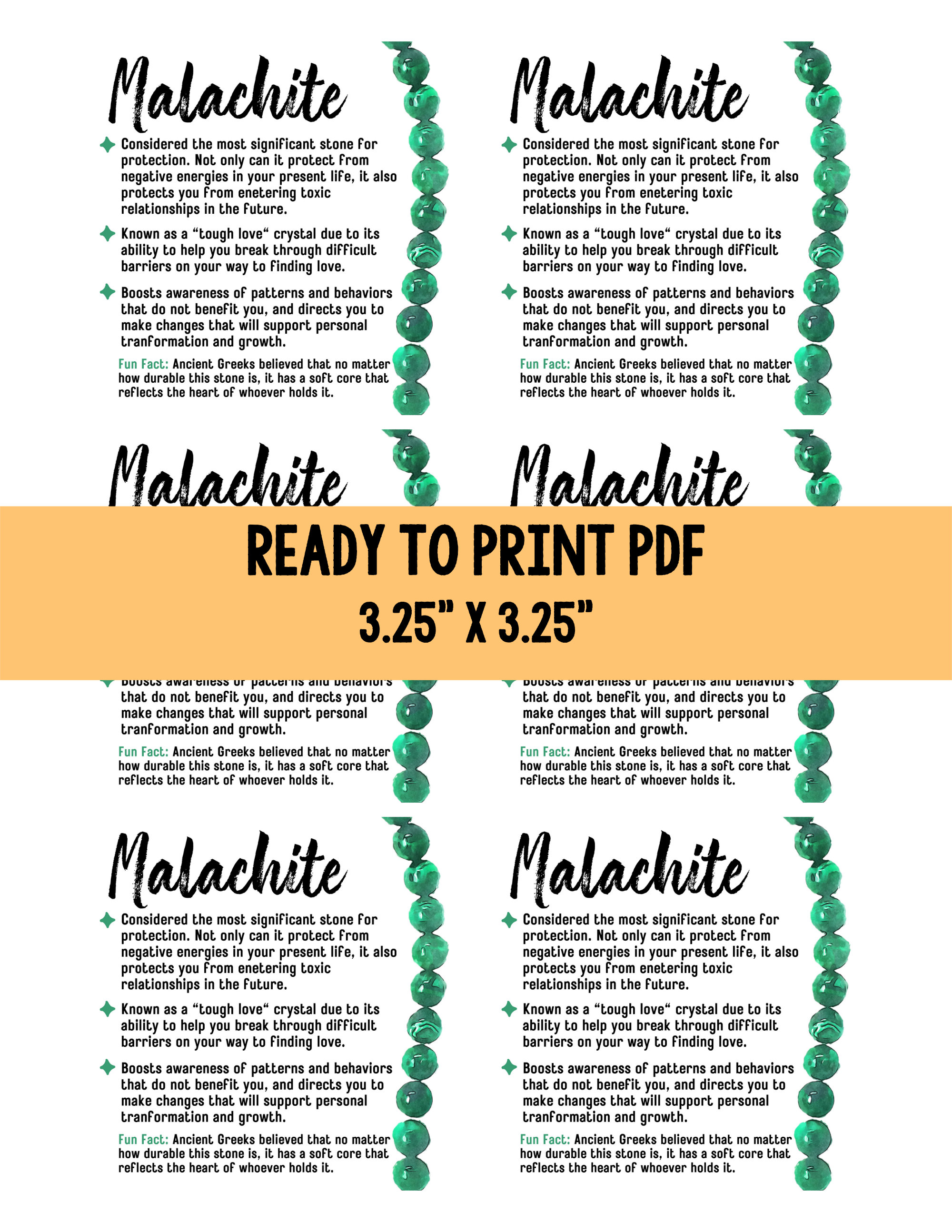 Watercolor Malachite Meaning Card for Makers, Gemstone Meaning Card ...