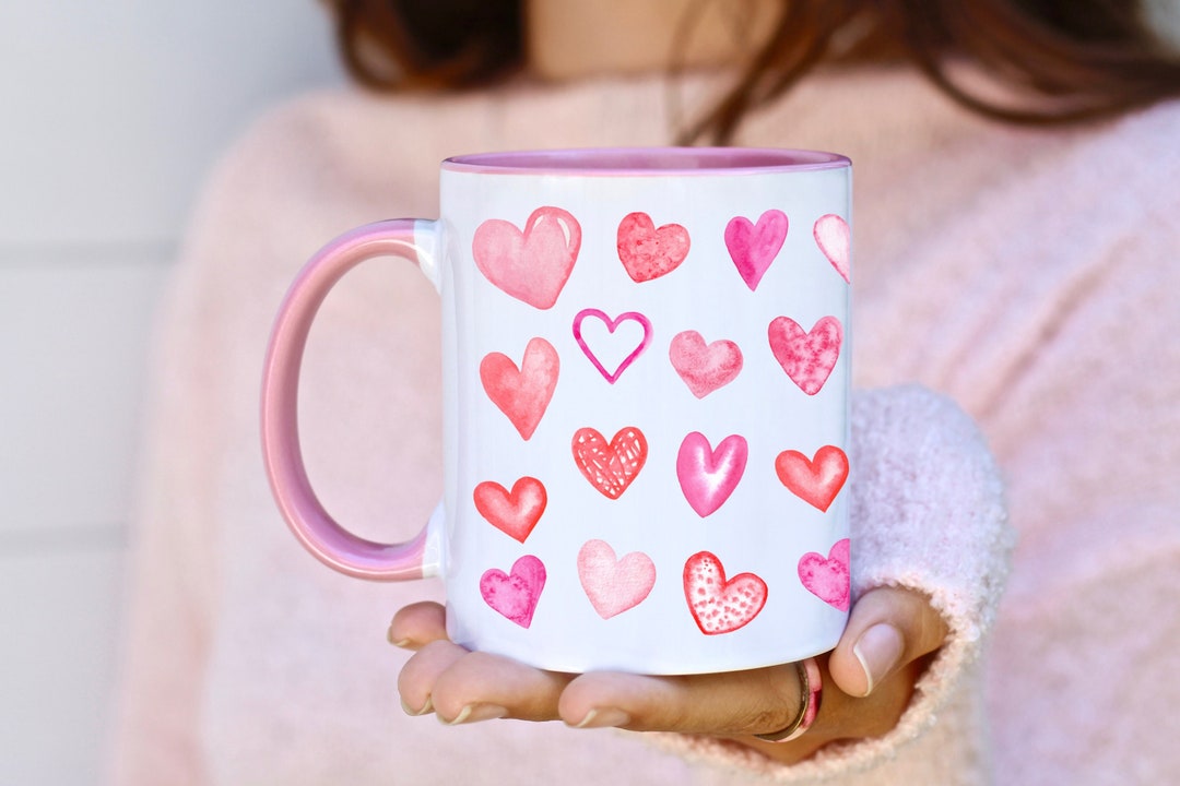 Valentines Pink And Red Heart Mug Valentines Day Coffee Mug Pink