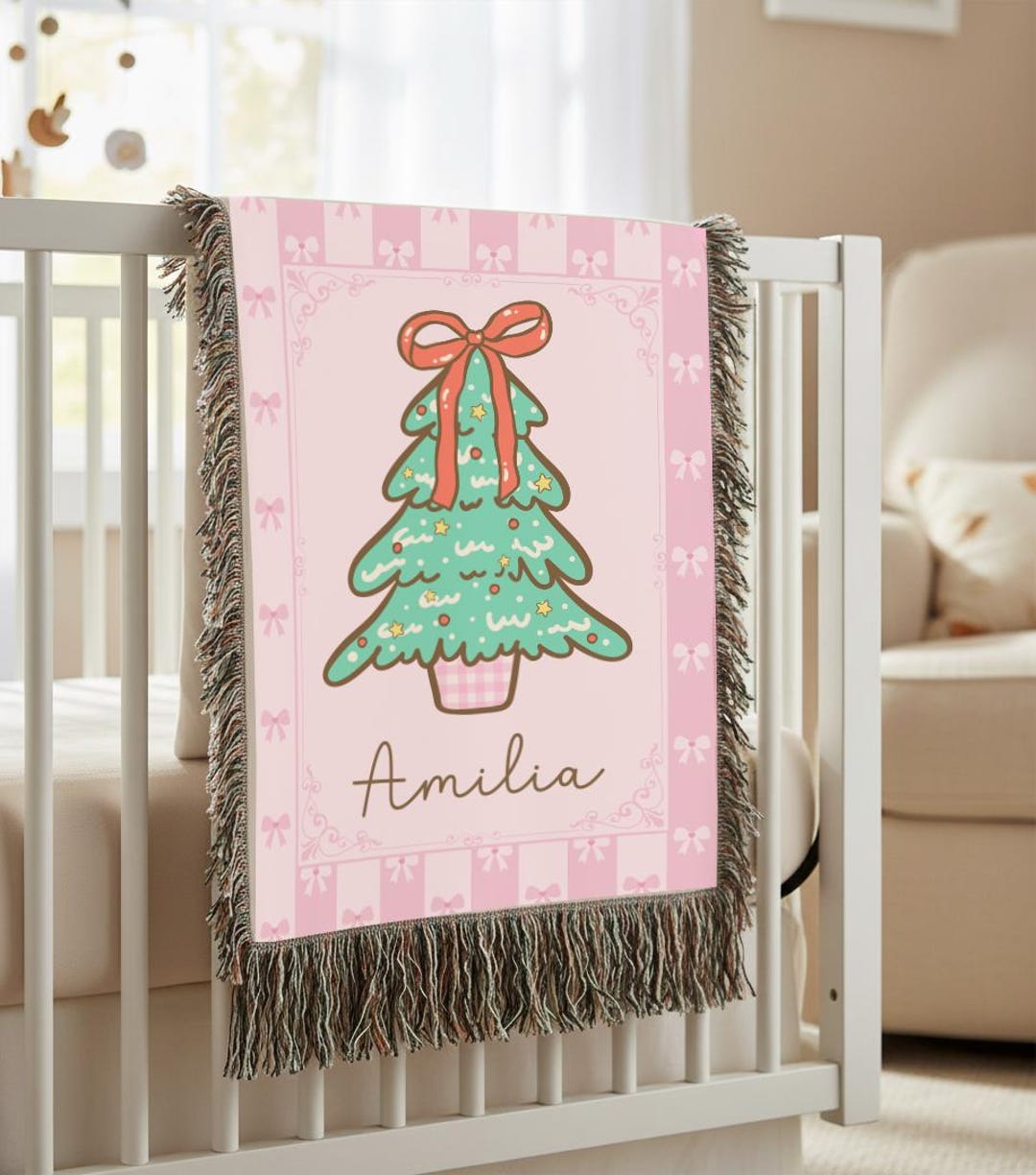 Christmas Tree Baby Blanket Girl With Name, Pink Gingham Blanket, Woven ...