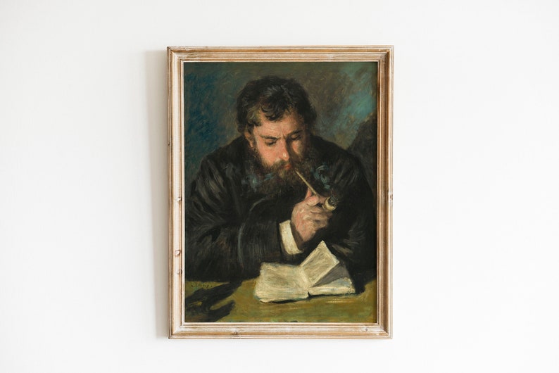 Vintage Man With Pipe Oil Painting, Antique Man Reading Oil Painting ...