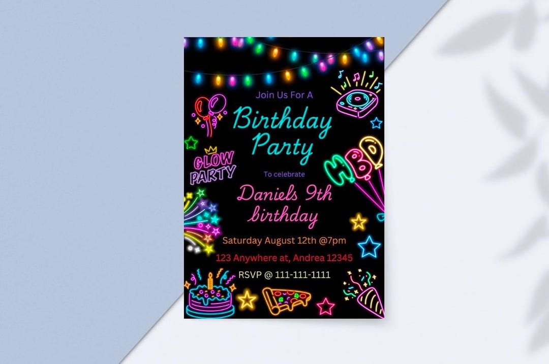 Custom Glow Digital Birthday Party Invitation - Etsy