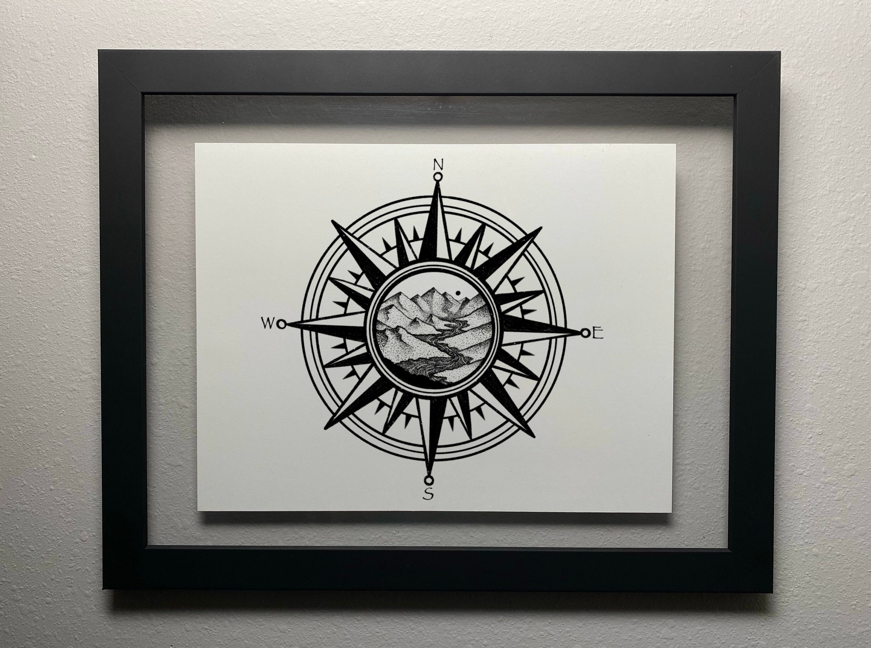 Mountain Range With Compass Border Print - Etsy