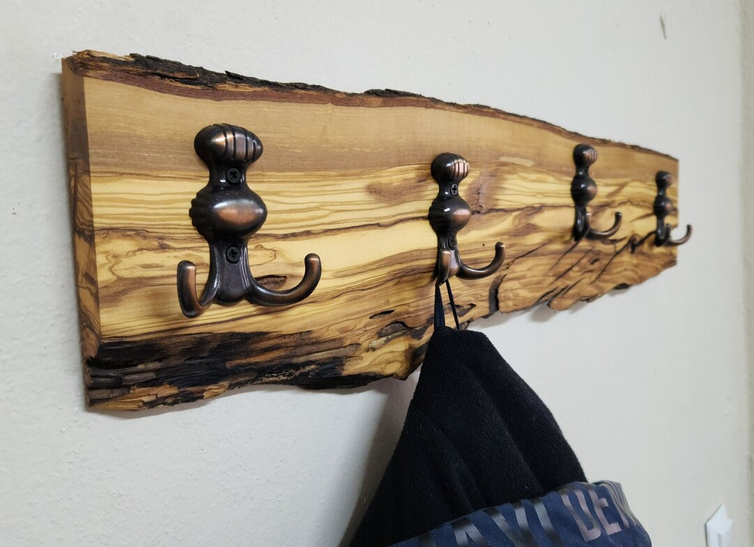 Handmade Olive Wood Coat Rack, Custom Made Rustic Live Edge Wooden Wall ...