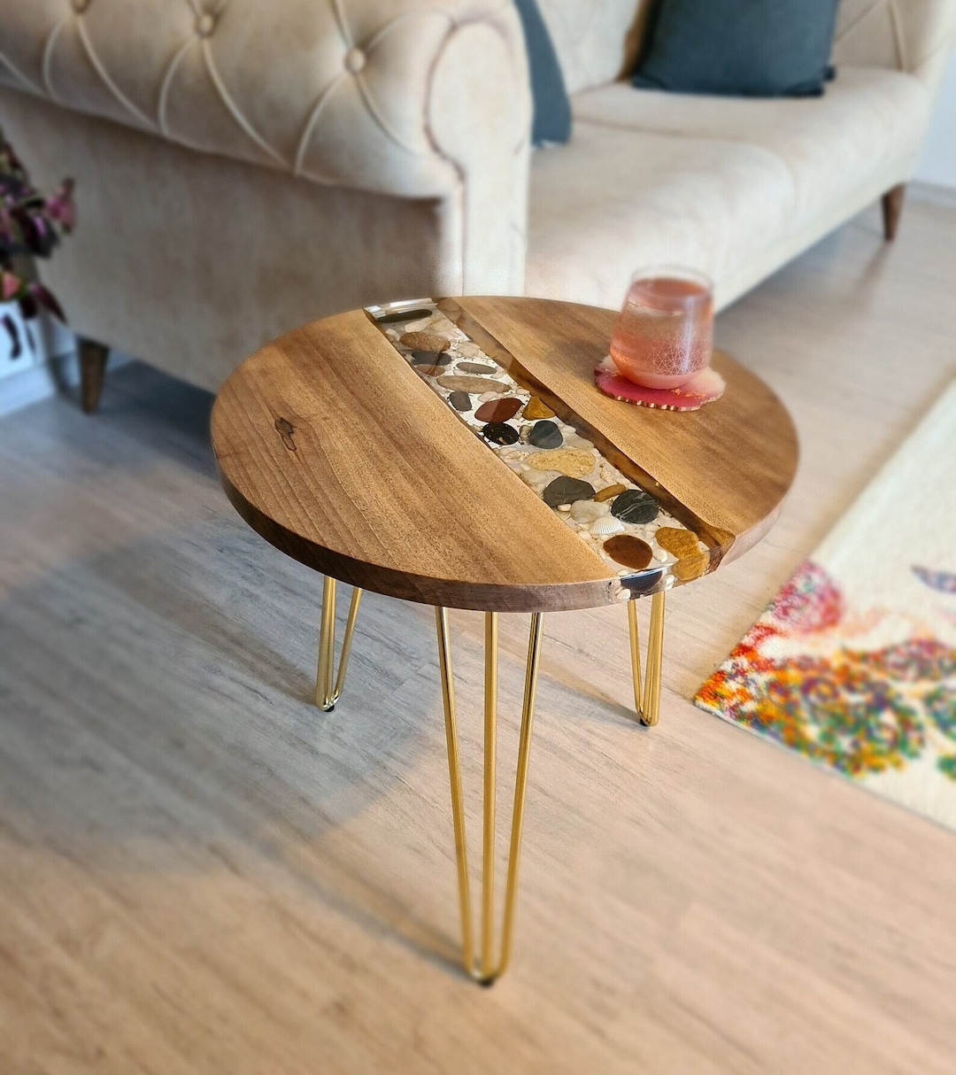 Custom Coffee Table With Pebble Stones, Walnut Coffee Table, Modern ...