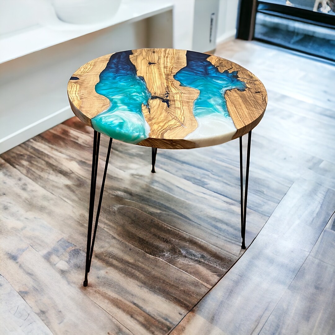 Custom Handcrafted Resin and Exotic Olive Wood Live Edge Round Table ...