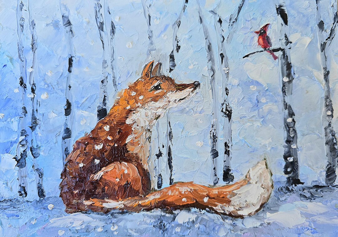 Fox With Cardinal Bird Painting 8 X 6 Inch 20 X 15 Cm Original Oil ...