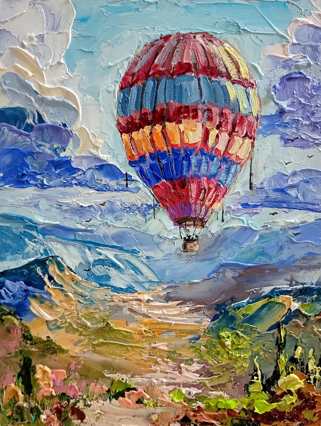 Hot Air Balloon Original Oil Painting on Cardboard Peaceful Mountains ...