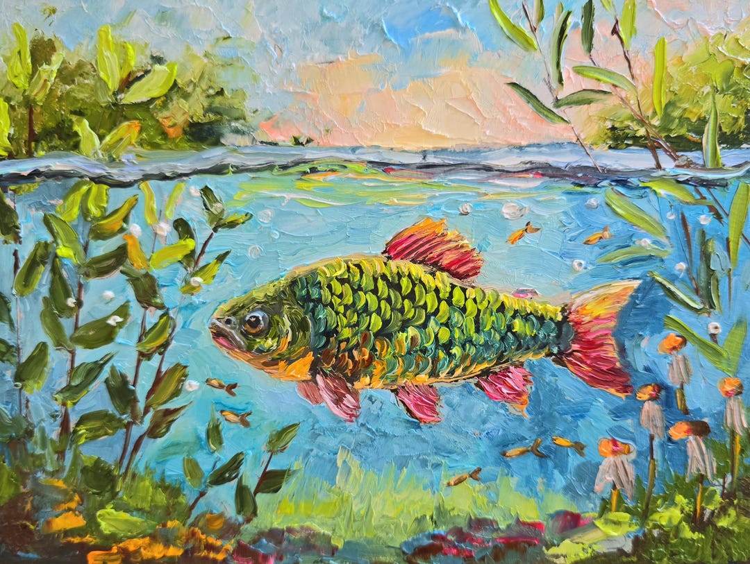 Carp Fish Original Oil Painting on Cardboard Fish Underwater in the ...