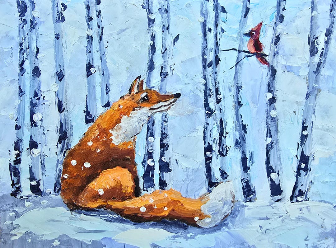 Fox With Cardinal Bird Original Oil Painting on Cardboard 8x6 Inch ...